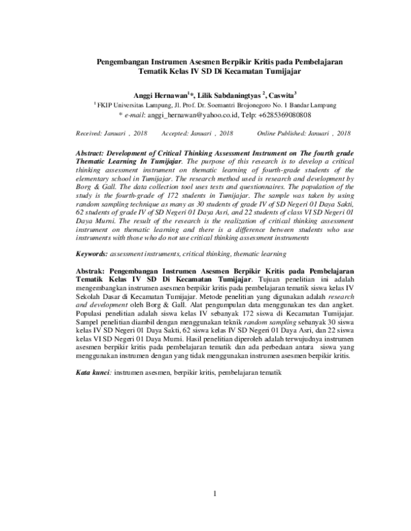 (PDF) Pengembangan Instrumen Asesmen Berpikir Kritis pada Pembelajaran Tematik Kelas IV SD Di ...