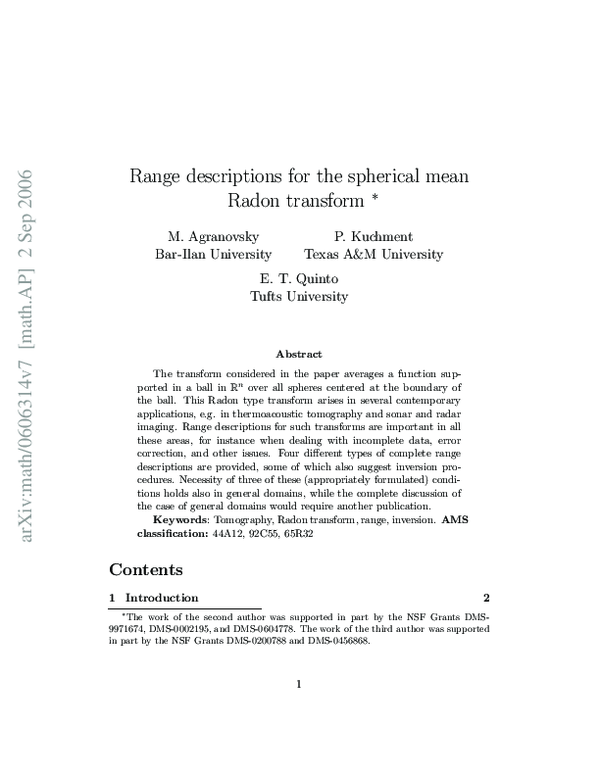 (PDF) Range descriptions for the spherical mean Radon transform | Mark Agranovsky - Academia.edu