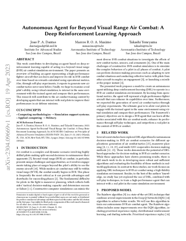 (PDF) Autonomous Agent for Beyond Visual Range Air Combat: A Deep Reinforcement Learning Approach