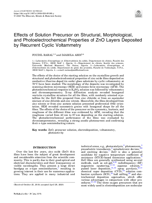 (PDF) Effects of Solution Precursor on Structural, Morphological, and Photoelectrochemical ...