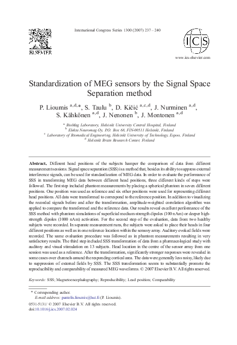 (PDF) Standardization of MEG sensors by the Signal Space Separation method | Pantelis Lioumis ...
