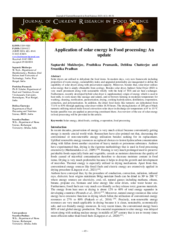 (PDF) Application of solar energy in Food processing: An update