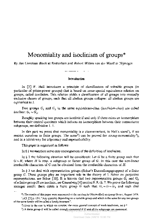 (PDF) Monomiality and isoclinism of groups