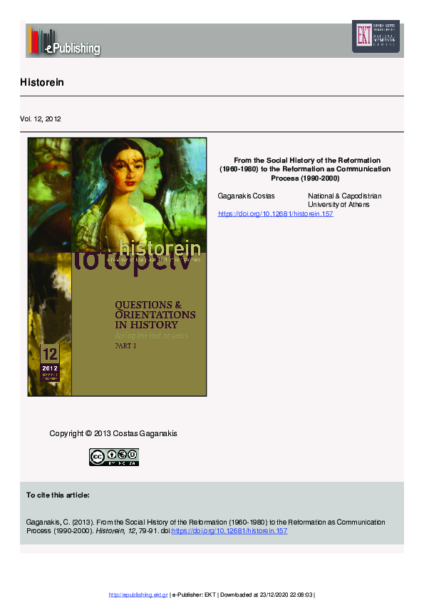 (PDF) From the Social History of the Reformation (1960-1980) to the ...