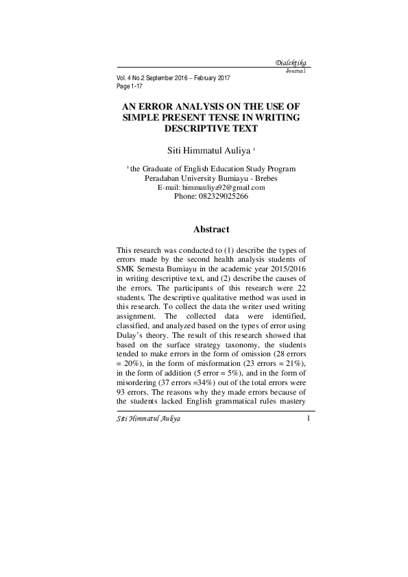 (PDF) An Error Analysis on the Use of Simple Present Tense in Writing Descriptive Text