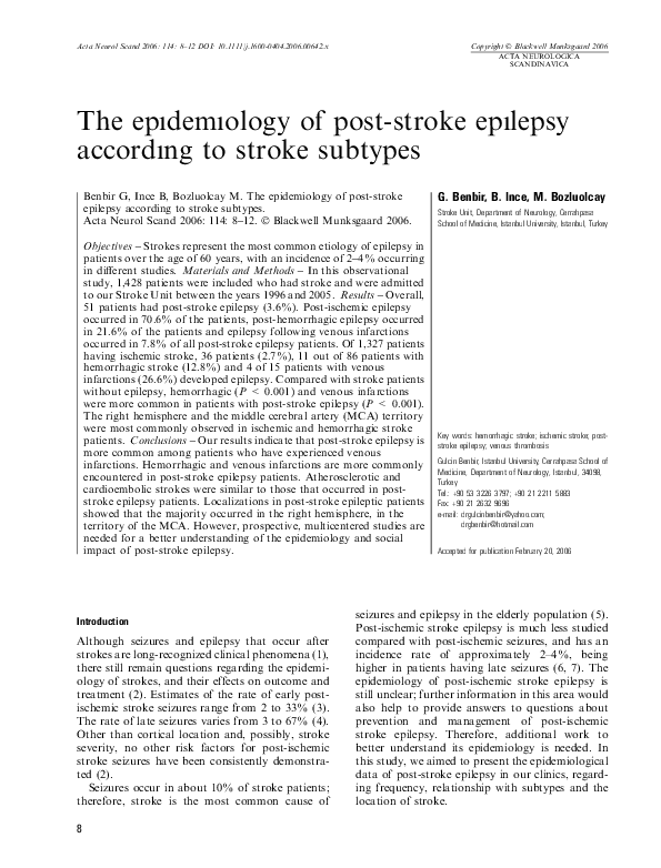 (PDF) The epidemiology of post-stroke epilepsy according to stroke subtypes