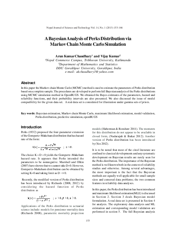 (PDF) A Bayesian Analysis of Perks Distribution via Markov Chain Monte Carlo Simulation