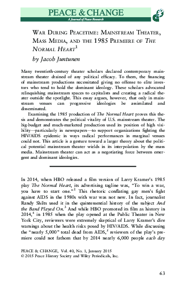 (PDF) War During Peacetime: Mainstream Theater, Mass Media, and the 1985 Premiere ofThe Normal ...