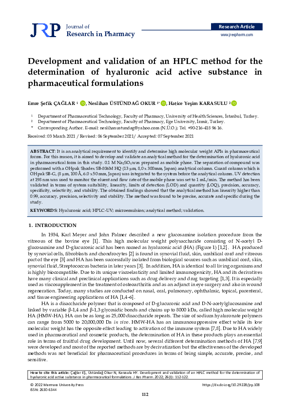 (PDF) Development and validation of an HPLC method for the determination of hyaluronic acid ...