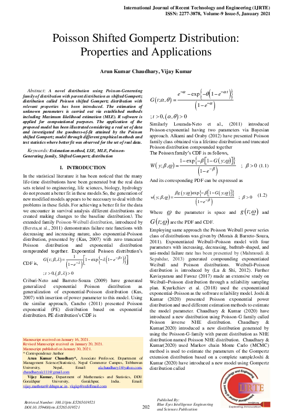 (PDF) Poisson Shifted Gompertz Distribution: Properties and Applications