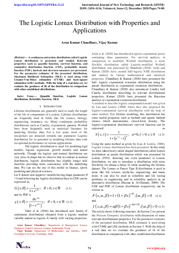 Pdf The Logistic Lomax Distribution With Properties And Applications