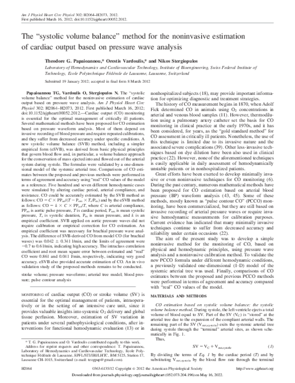 (PDF) The “systolic volume balance” method for the noninvasive estimation of cardiac output ...
