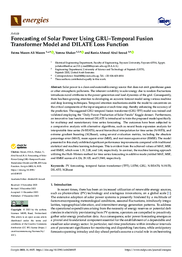 (PDF) Forecasting of Solar Power Using GRU-Temporal Fusion Transformer Model and DILATE Loss ...