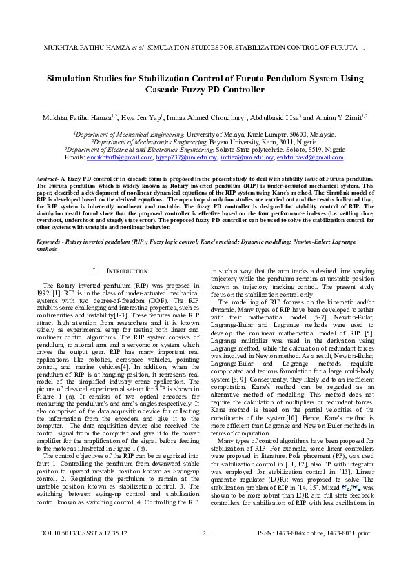 (PDF) Simulation Studies for Stabilization Control of Furuta Pendulum System Using Cascade Fuzzy ...