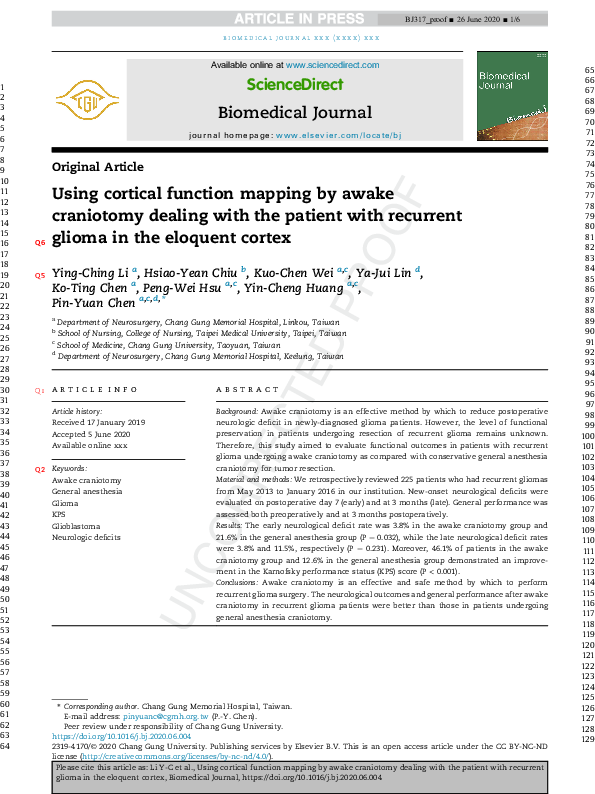 (PDF) Awake Craniotomy for Recurrent Glioma: Outcomes and Safety