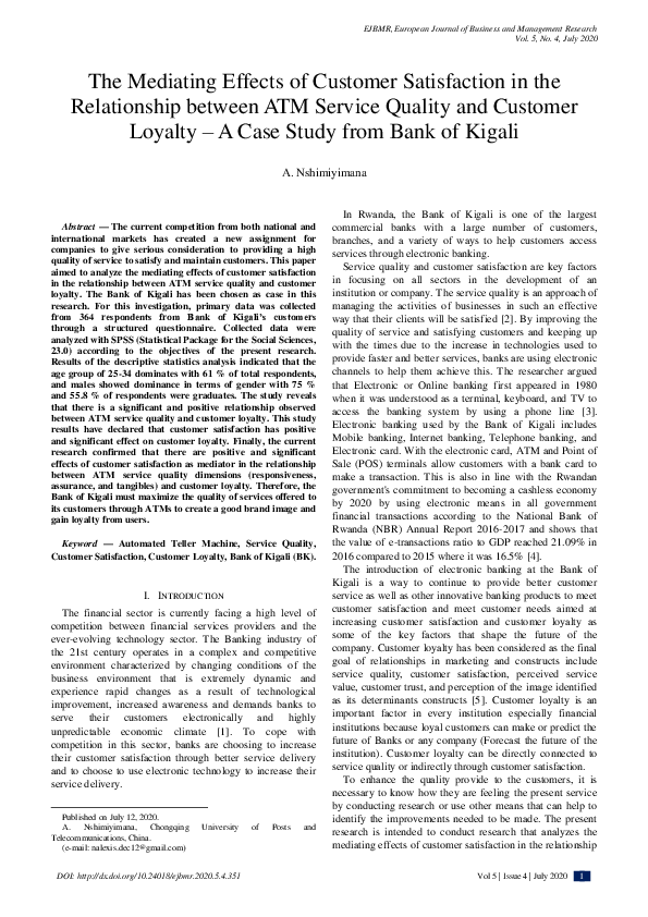 (PDF) The Mediating Effects of Customer Satisfaction in the Relationship between ATM Service ...