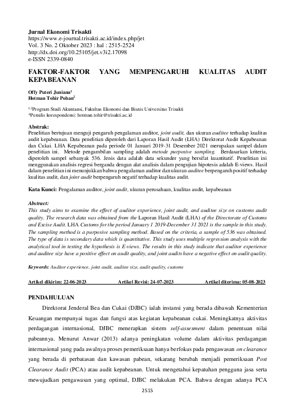 (PDF) Faktor-Faktor Yang Mempengaruhi Kualitas Audit Kepabeanan (PDF) Faktor-Faktor Yang Mempengaruhi Kualitas Audit Kepabeanan