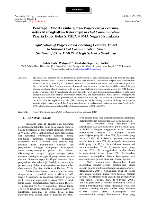 (PDF) Penerapan Model Pembelajaran Project Based Learning untuk Meningkatkan Keterampilan Oral ...