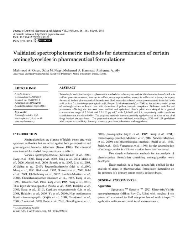 (PDF) Validated spectrophotometric methods for determination of certain aminoglycosides in ...