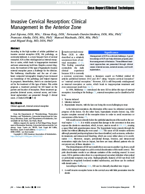 (PDF) Invasive Cervical Resorption: Clinical Management in the Anterior ...