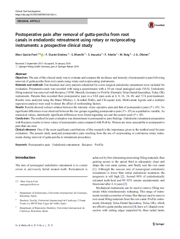 (PDF) Postoperative pain after removal of gutta-percha from root canals in endodontic ...