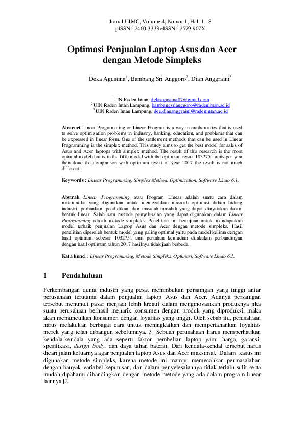 (PDF) Optimasi Penjualan Laptop Asus Dan Acerdengan Metode Simpleks | deka agustina - Academia.edu