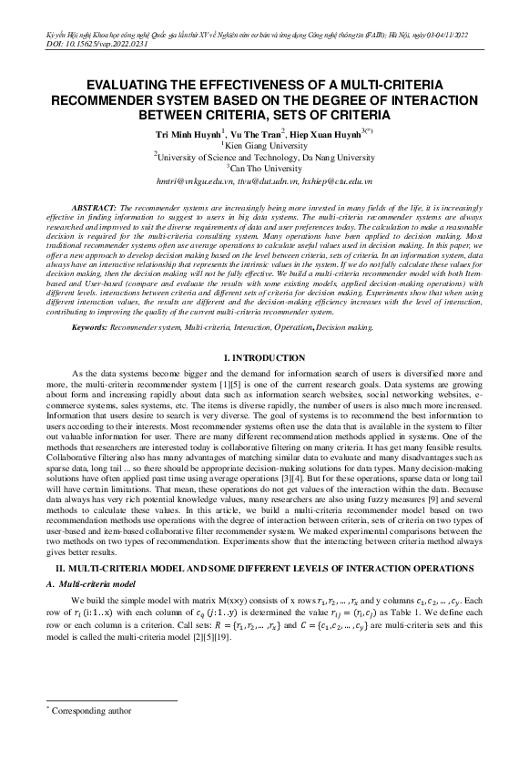 (PDF) Evaluating the Effectiveness of a Multi-Criteria Recommender System Based on the Degree of ...