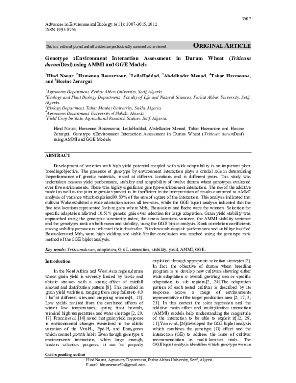 (PDF) Genotype xEnvironment Interaction Assessment in Durum Wheat ...