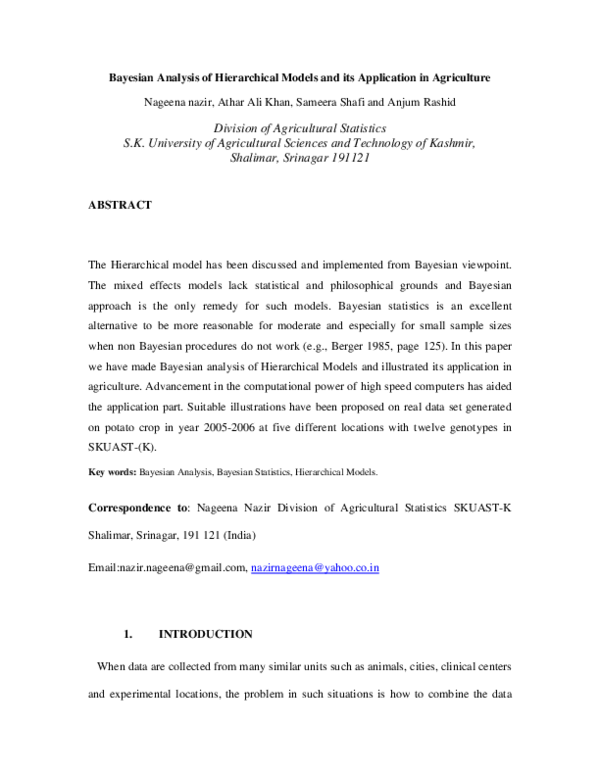 (PDF) Bayesian Analysis of Hierarchical Models and its Application in Agriculture