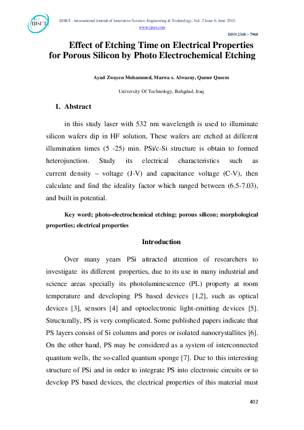 (PDF) Effect of Etching Time on Electrical Properties for Porous Silicon by Photo ...
