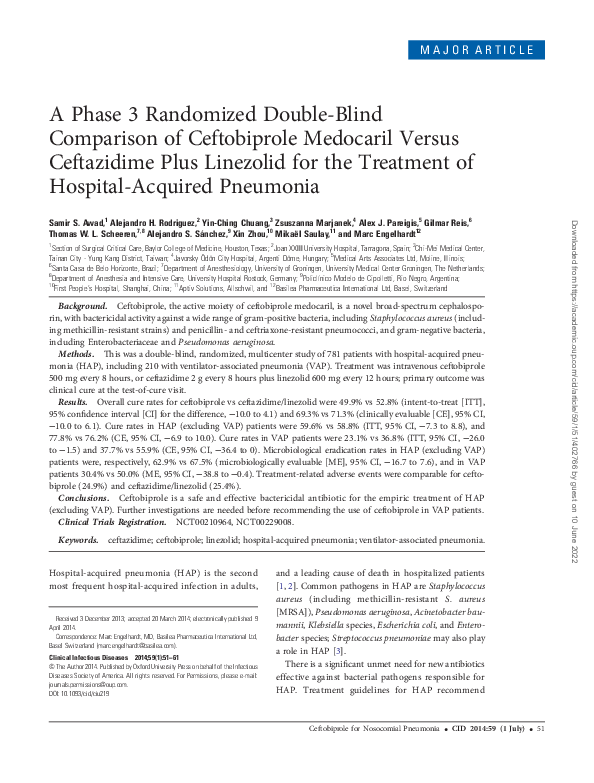 (PDF) A Phase 3 Randomized Double-Blind Comparison of Ceftobiprole Medocaril Versus Ceftazidime ...