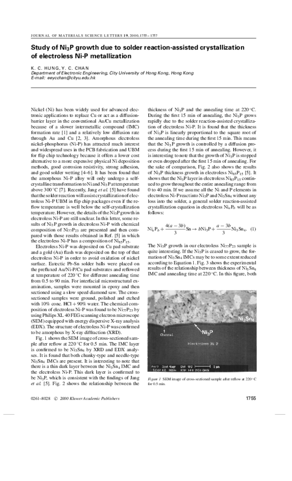 (PDF) Study of Ni3P growth due to solder reaction-assisted ...
