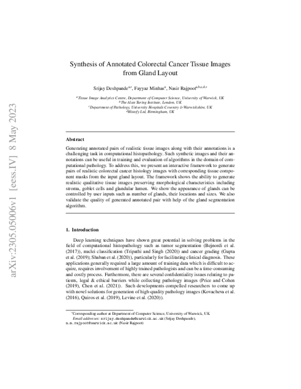 (PDF) Synthesis of Annotated Colorectal Cancer Tissue Images from Gland ...