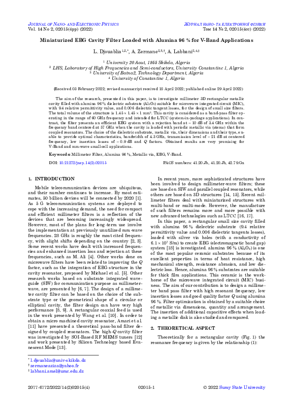 (PDF) Miniaturized EBG Cavity Filter Loaded with Alumina 96 % for V ...