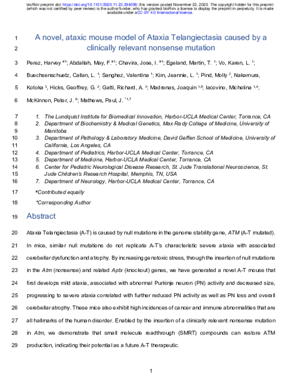 (PDF) A novel, ataxic mouse model of Ataxia Telangiectasia caused by a clinically relevant ...