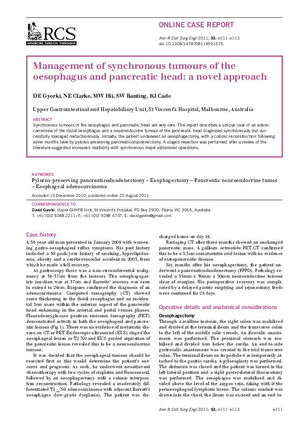 (PDF) Management of synchronous tumours of the oesophagus and ...