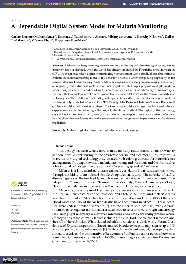 (PDF) A Dependable Digital System Model for Malaria Monitoring