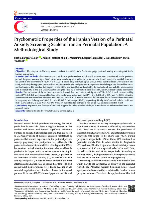 (PDF) Psychometric Properties of the Iranian Version of a Perinatal ...