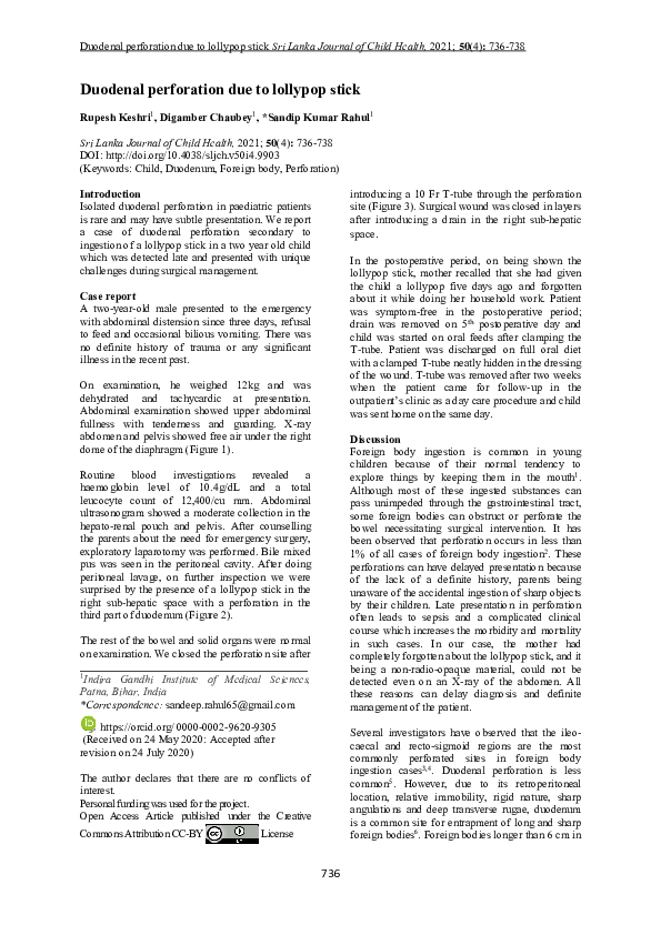 (PDF) Duodenal perforation due to lollypop stick