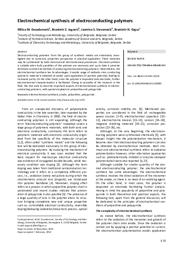 (PDF) Electrochemical synthesis of electroconducting polymers