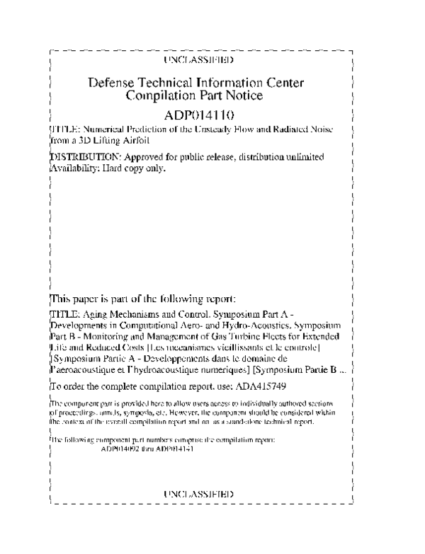 Pdf Numerical Prediction Of The Unsteady Flow And Radiated Noise From A 3d Lifting Airfoil