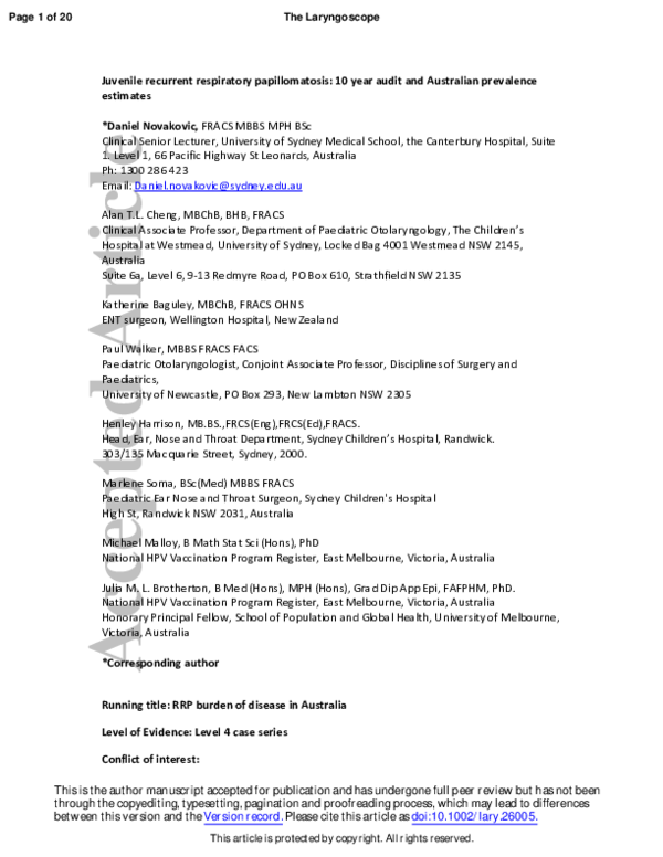 (PDF) Juvenile recurrent respiratory papillomatosis: 10-year audit and ...