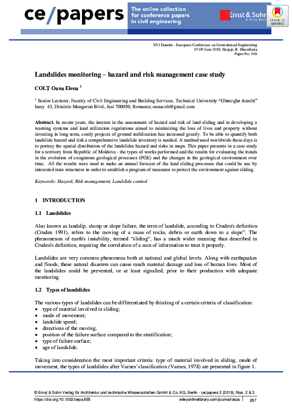 (PDF) Landslides monitoring - hazard and risk management case study