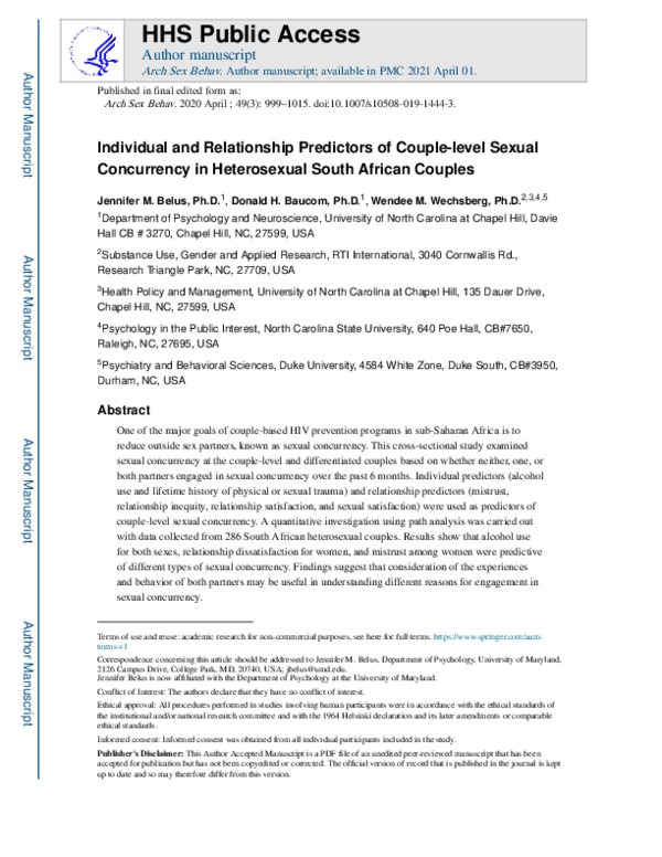 Pdf Individual And Relationship Predictors Of Couple Level Sexual Concurrency In Heterosexual
