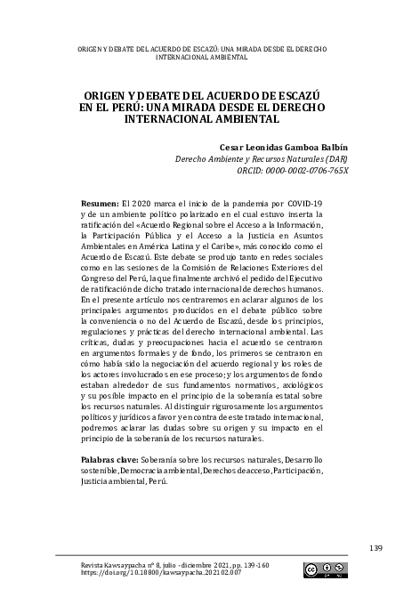 (PDF) Origen y debate del Acuerdo de Escazú en el Perú
