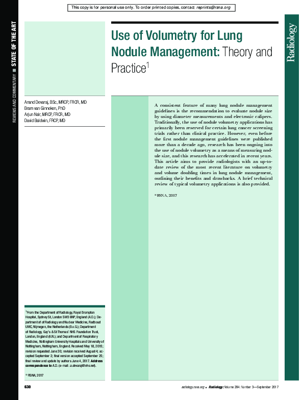 (PDF) Use of Volumetry for Lung Nodule Management: Theory and Practice