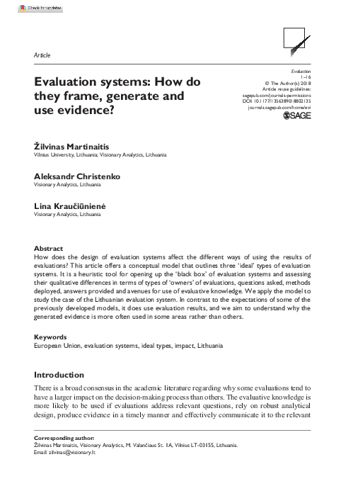 (PDF) Evaluation systems: How do they frame, generate and use evidence?
