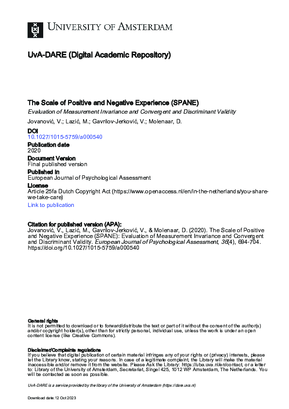 (PDF) The Scale of Positive and Negative Experience (SPANE)