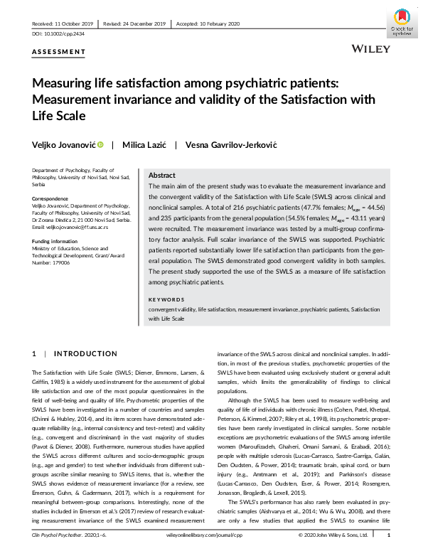 (PDF) Measuring life satisfaction among psychiatric patients: Measurement invariance and ...