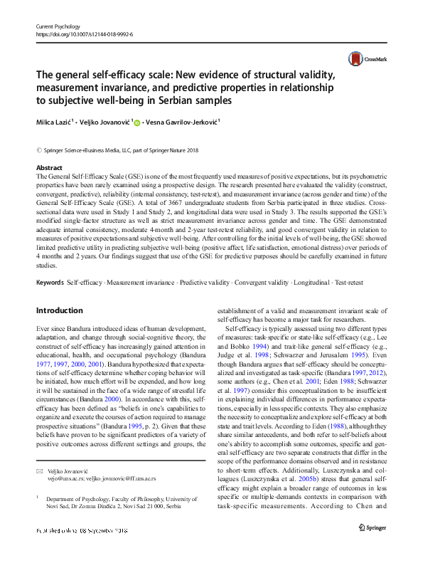 (PDF) The general self-efficacy scale: New evidence of structural validity, measurement ...